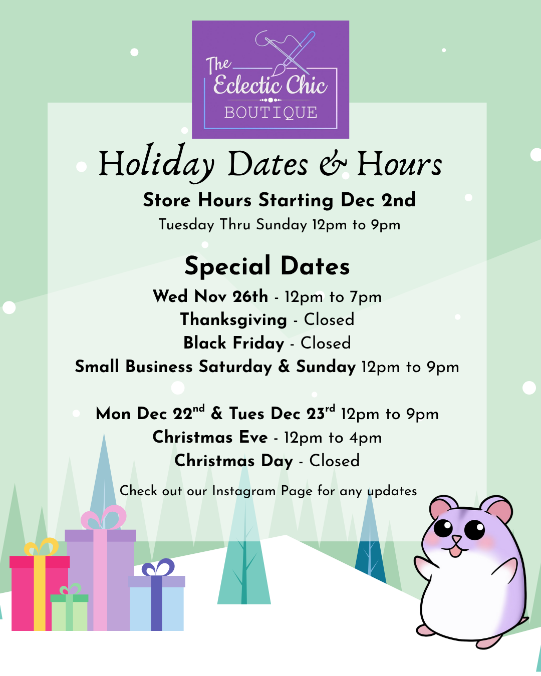 Our Holiday Shop Hours - The Eclectic Chic Boutique