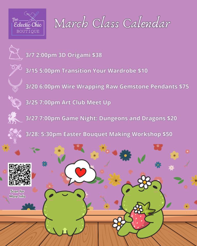 March Class Calendar - The Eclectic Chic Boutique