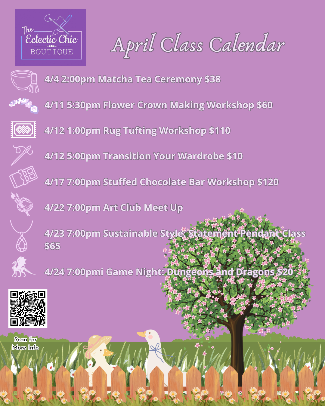 April 2026 Craft Class Calendar - The Eclectic Chic Boutique